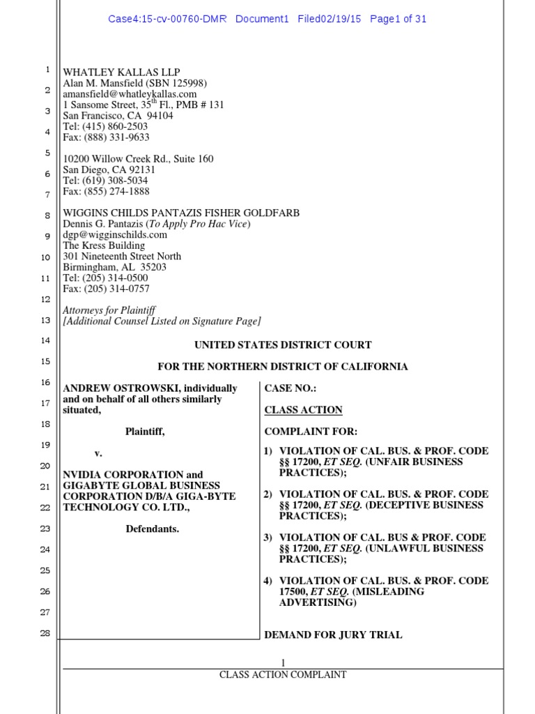Nvidia Lawsuit Over GTX 970 | PDF | Class Action | Amount In Controversy
