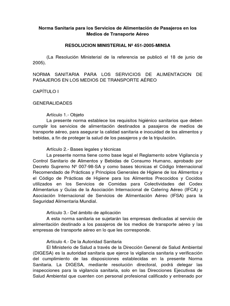R.M. #451-2005-Minsa (Alimentacion en Aviones) | PDF | Análisis de Riesgo y Puntos Críticos de ...