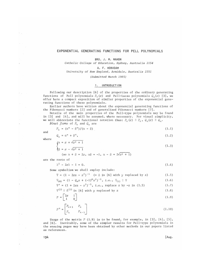 Exponential Generating Functions For Pell Polynomials | Download Free PDF | Mathematical ...