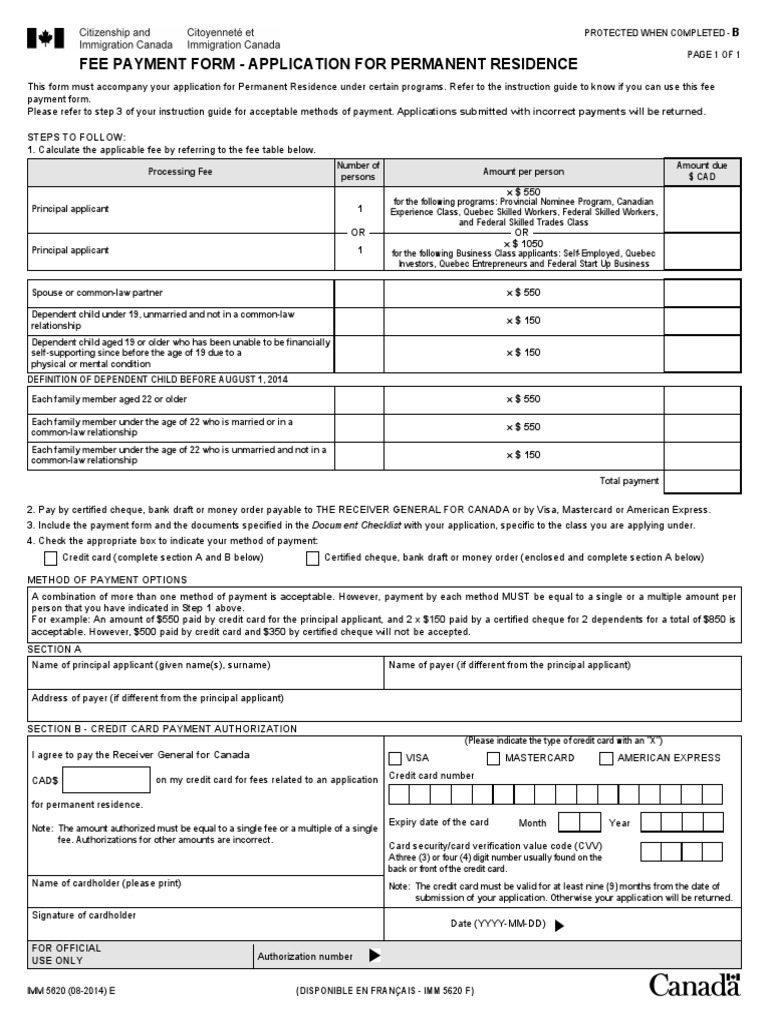Fee Payment Form - Application For Permanent Residence IMM5620E | PDF