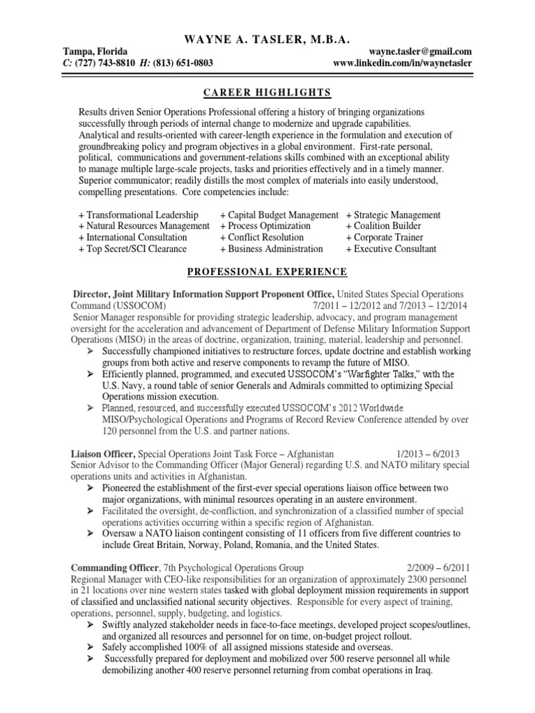 Operations Director in Tampa Bay Florida Resume Wayne Tasler | PDF ...