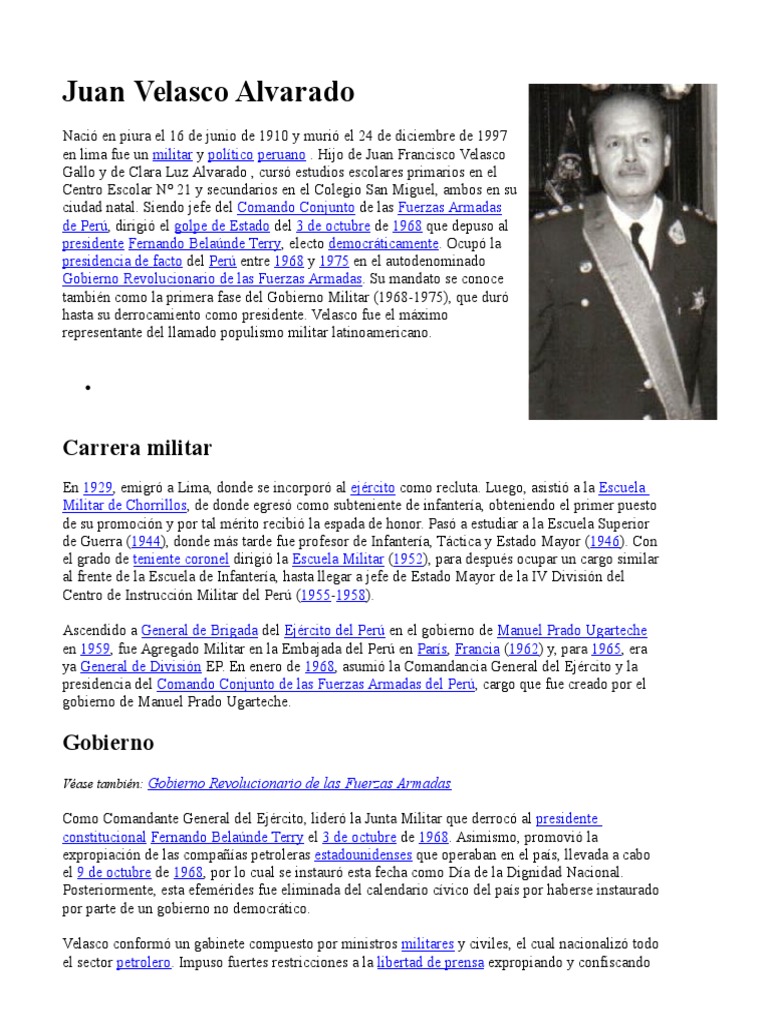 Juan Velasco Alvarado: Militar y político peruano que lideró el golpe ...