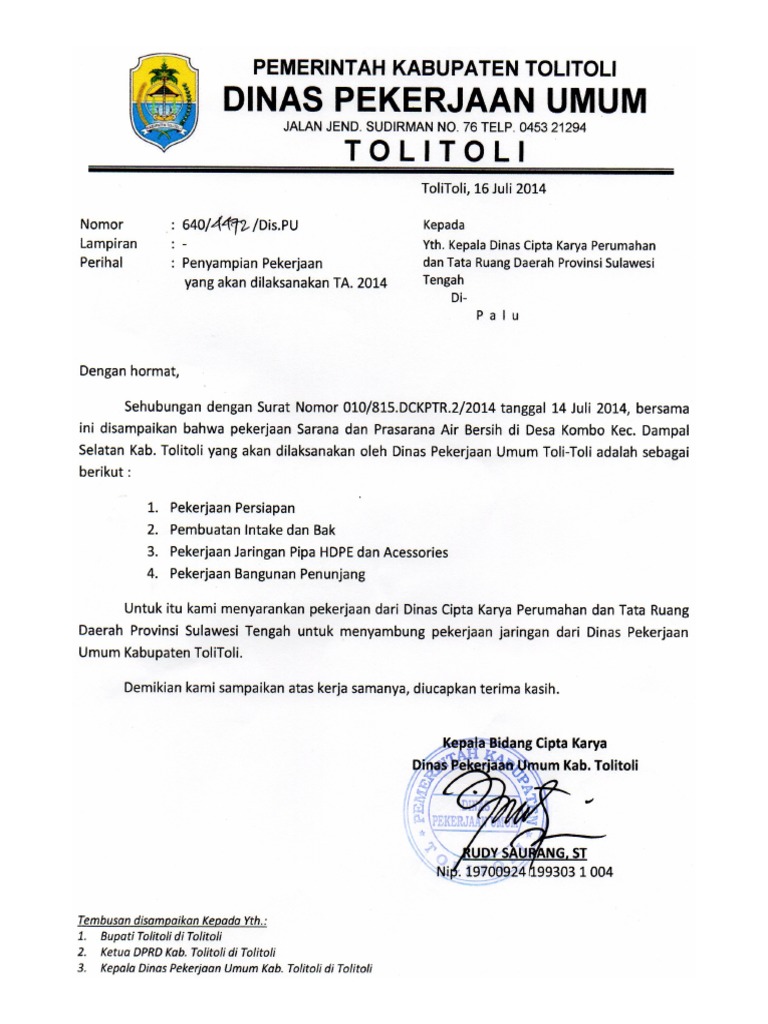 Surat Balasan Dinas PU Tolitoli | PDF