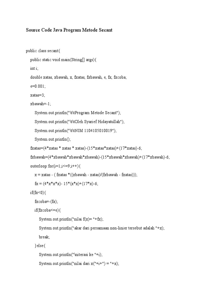 Source Code Java Program Metode Secant | PDF