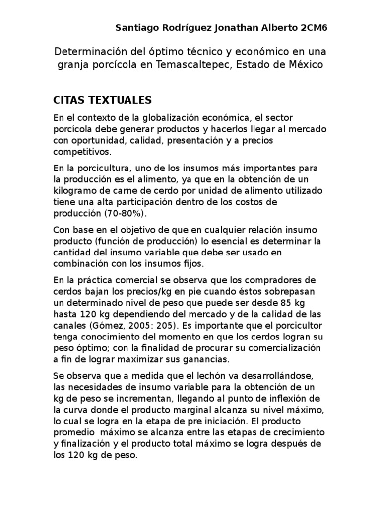 Determinación Del Óptimo Técnico y Económico en Una Granja Porcícola en ...