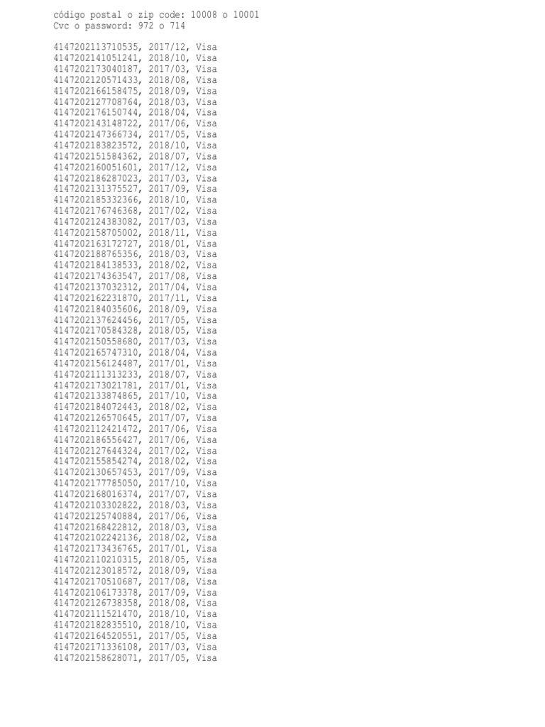 Zip Codes, CVC Codes and Visa Credit Card Numbers | PDF
