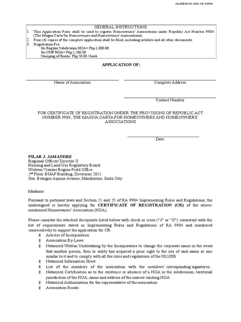 HOA Registration Application Form | PDF | Notary Public | Private Law