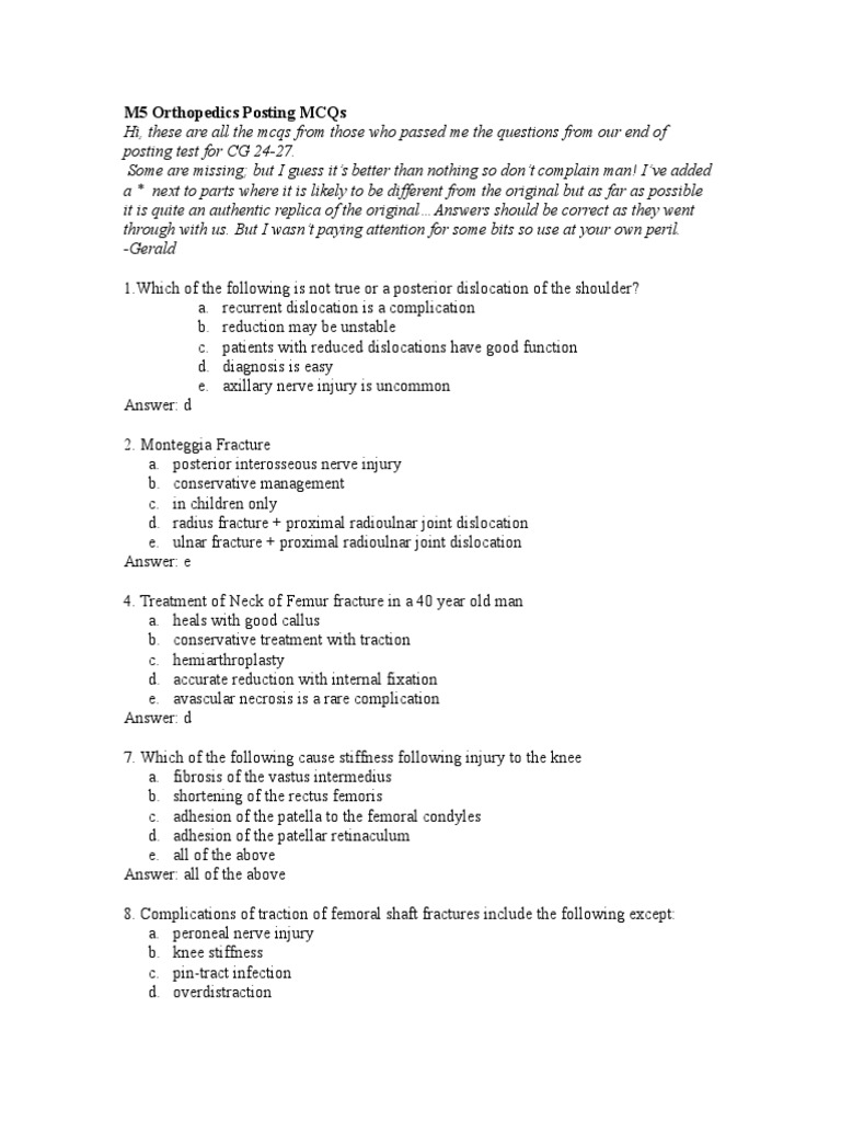 Ortho MCQ | PDF | Shoulder | Knee