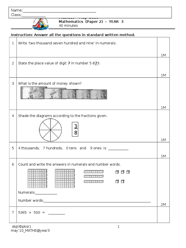Soalan Math Tahun 3 3 | PDF