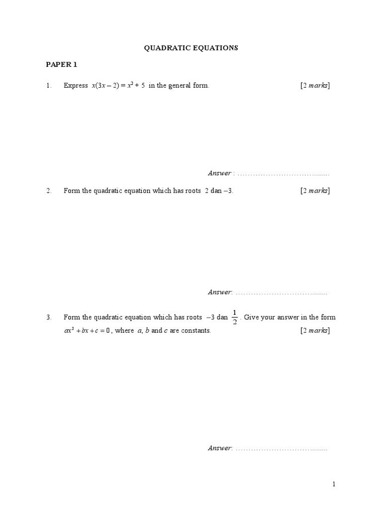Quadratic Equations Form 4 Topical Exercise | PDF