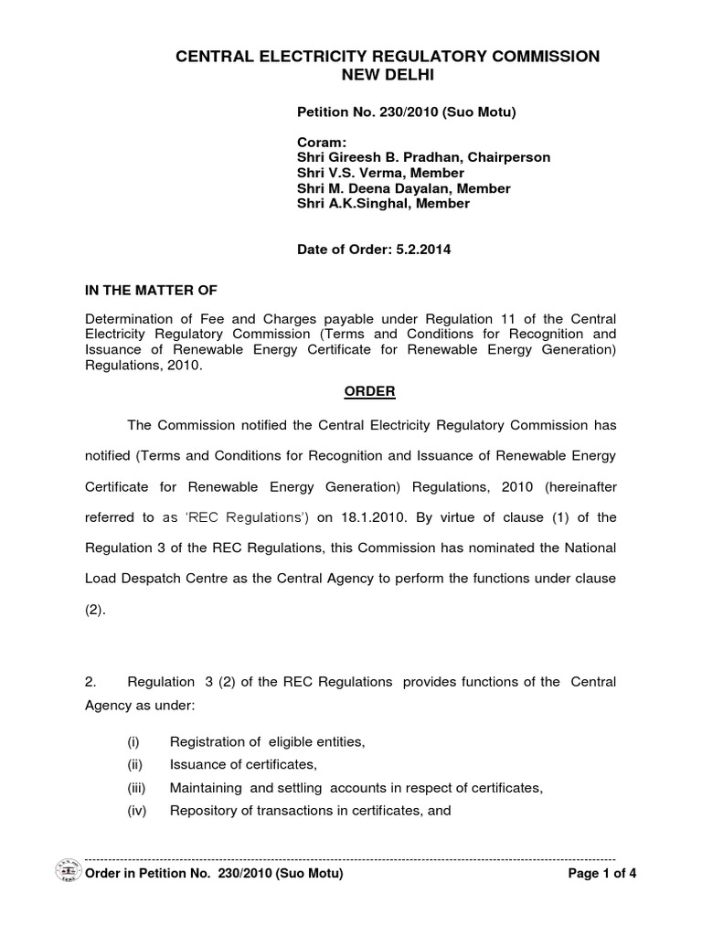 REC Fees and Charges Determination Order | PDF | Fee | Energy And Resource