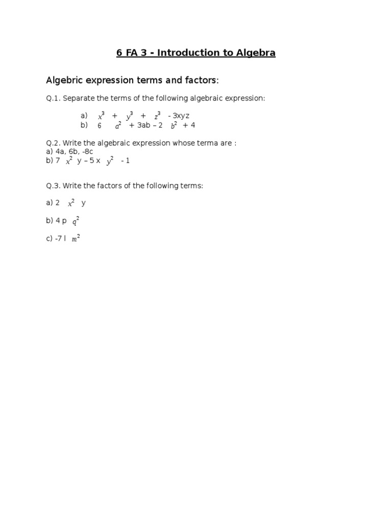 Class 6 Introduction To Algebra, Worksheet 3 | PDF