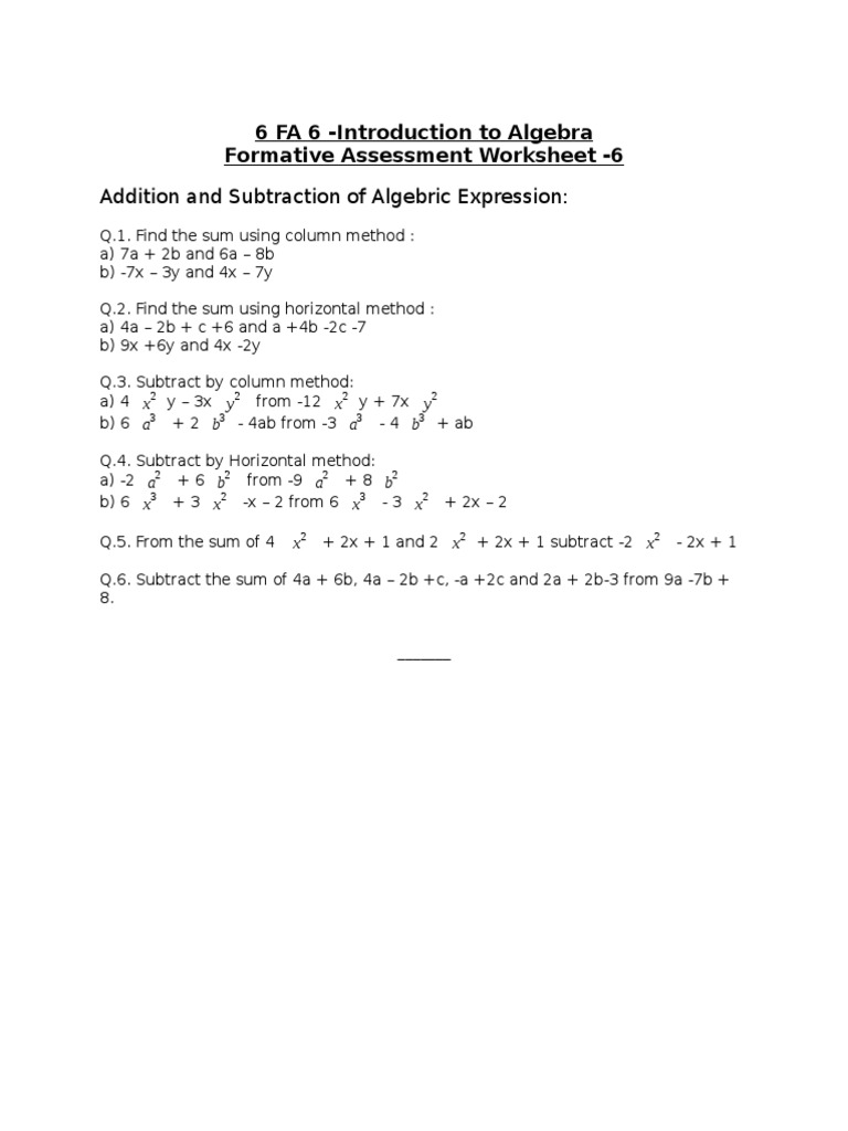 Class 6 Introduction To Algebra, Worksheet6 | PDF