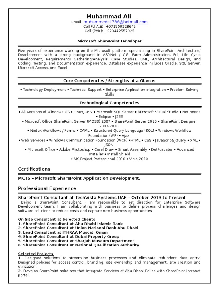 Muhammad Ali Resume | Share Point | Microsoft Visual Studio