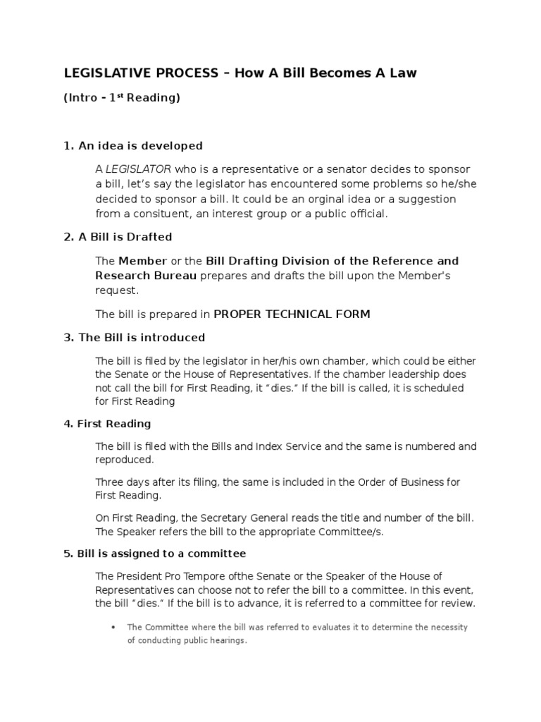 Legislative Process - How A Bill Becomes A Law: (Intro - 1 Reading ...