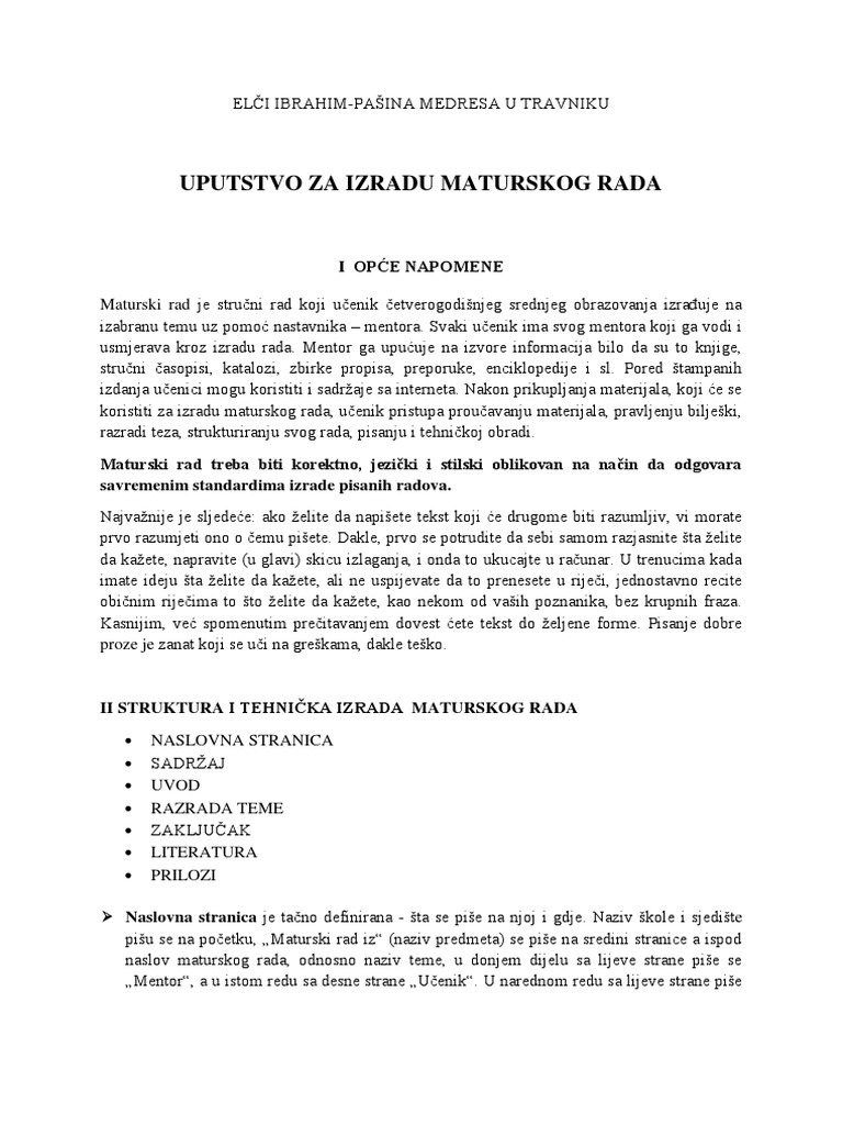 Uputstvo Za Izradu Maturskog Rada - EIPM Travnik | PDF