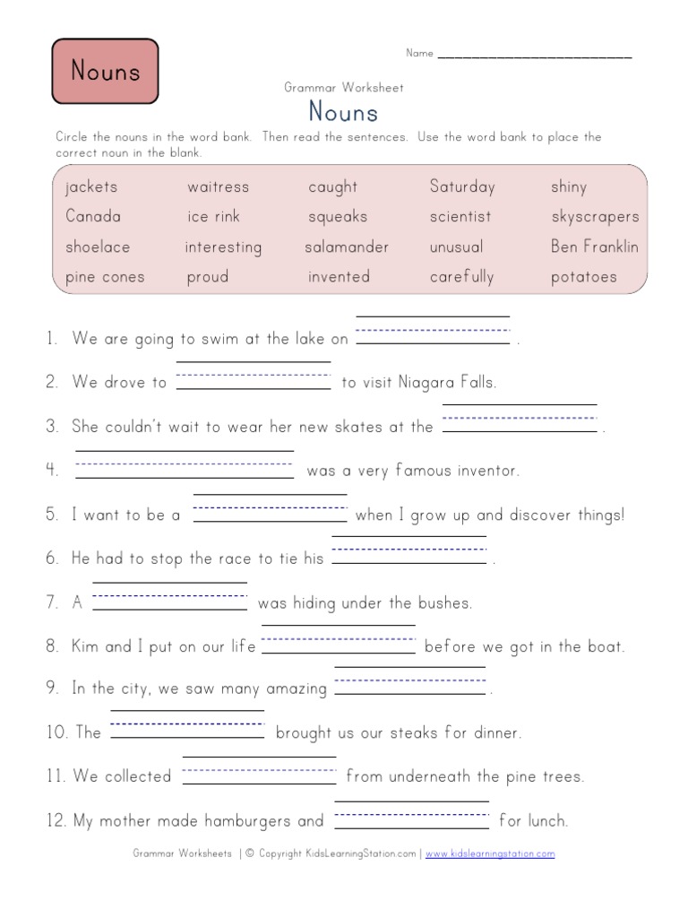 Third Grade Noun Worksheet Blanks1 PDF | PDF