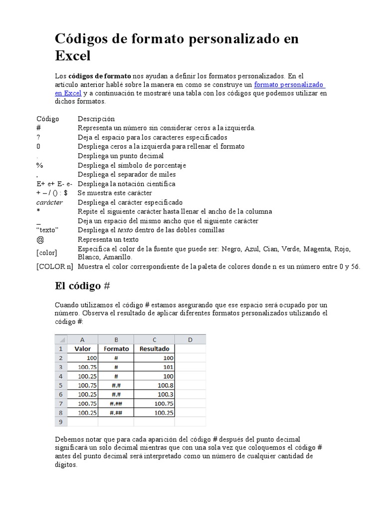 Códigos de Formato Personalizado en Excel | PDF