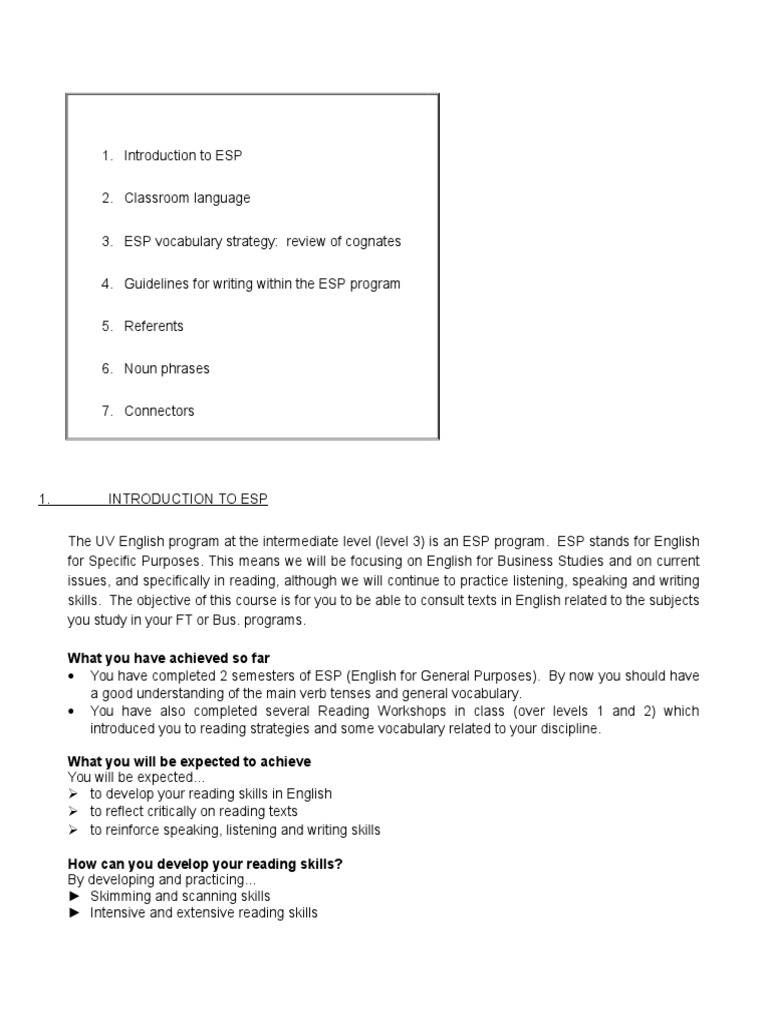 Introduction To ESP | PDF | English Language | Subject (Grammar)