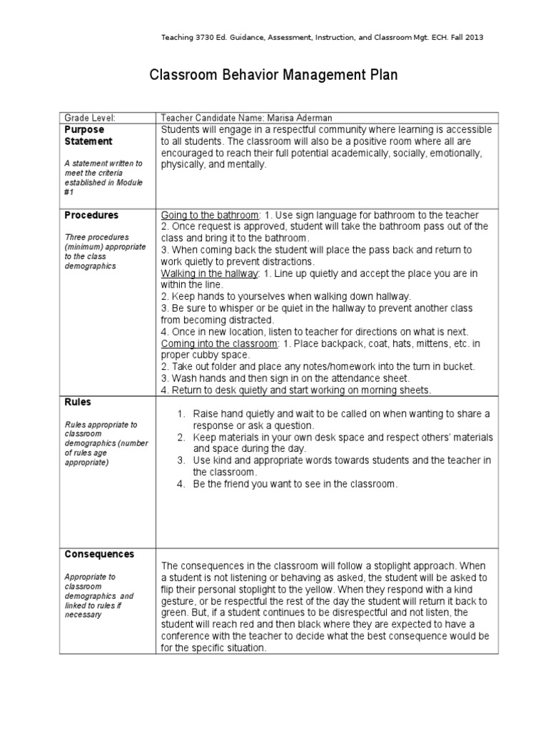 Classroom Behavior Management Plan Template Spring 2014 | PDF ...