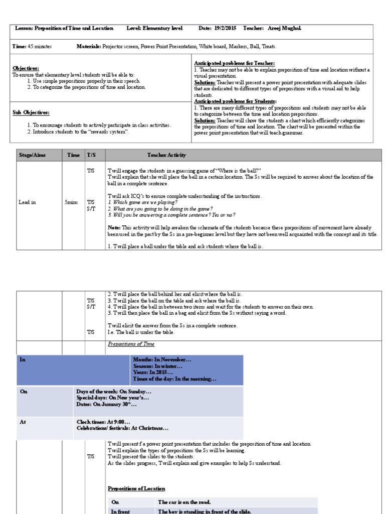 2 Prepositions Lesson Plan | PDF | Lesson Plan | Semiotics