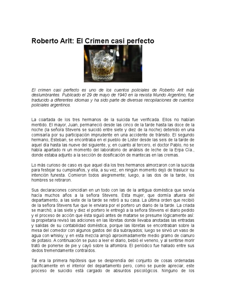 Roberto Arlt - El Crimen Casi Perfecto (Cuento) | PDF | Suicidio | Bebidas
