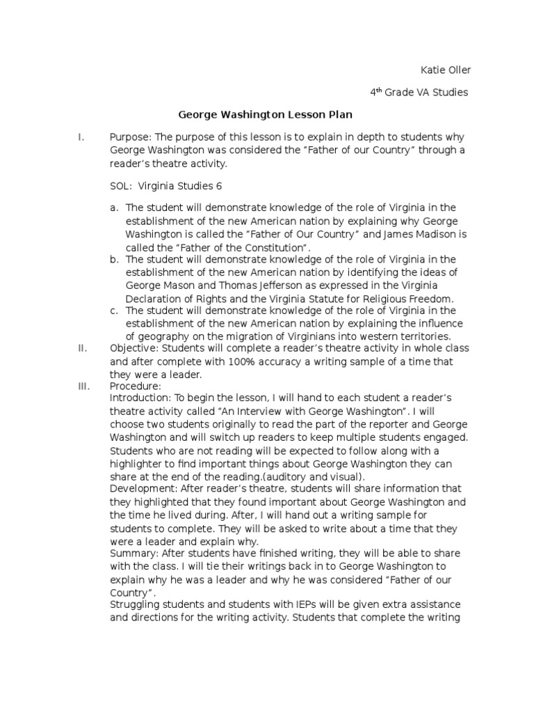 George Washington Lesson Plan | PDF | Virginia | George Washington