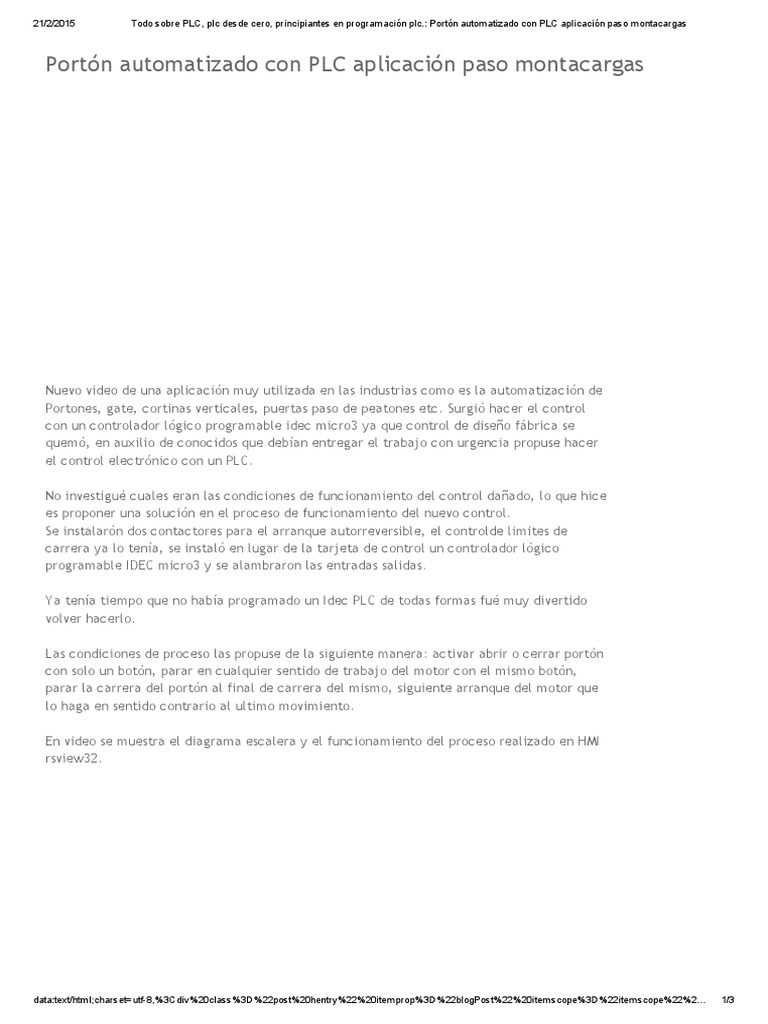Porton Automatizado Con PLC Aplicacion Montacargas | PDF | Controlador ...