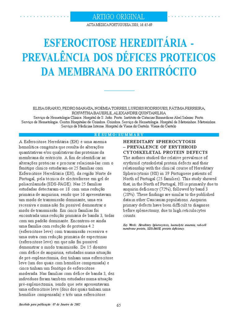 Esferocitose Hereditaria Artigo | PDF | Proteína transmembrana | Proteínas