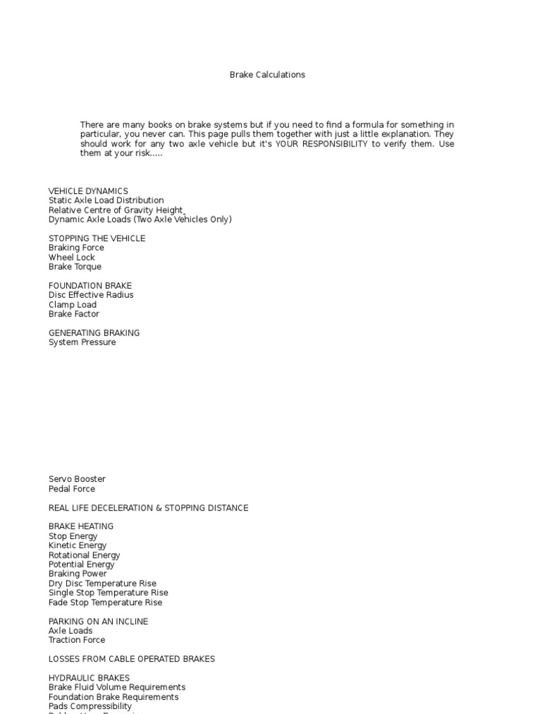 Brake Calculation Formulas Overview | PDF