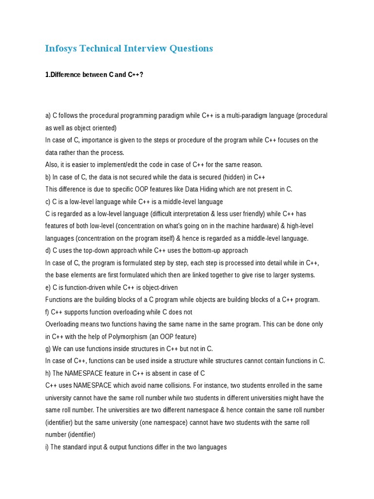 Infosys Technical Interview Questions | Download Free PDF | Relational Database | C++