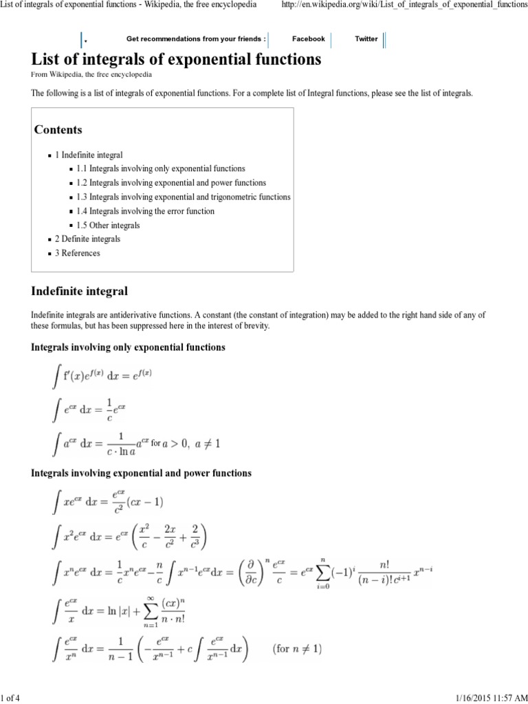 List of Integrals of Exponential Functions - Wikipedia, The Free Encyclopedia | PDF | Integral ...