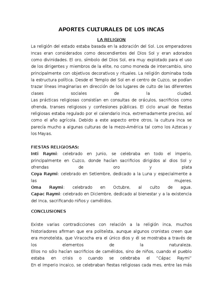 Aportes Culturales de Los Incas | PDF | Deidad solar | Imperio Inca