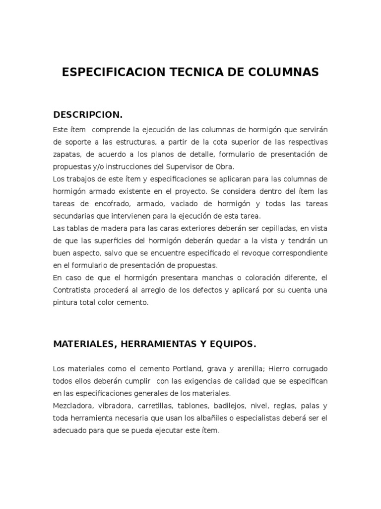 Especificacion Tecnica de Columnas | PDF | Hormigón | Cemento