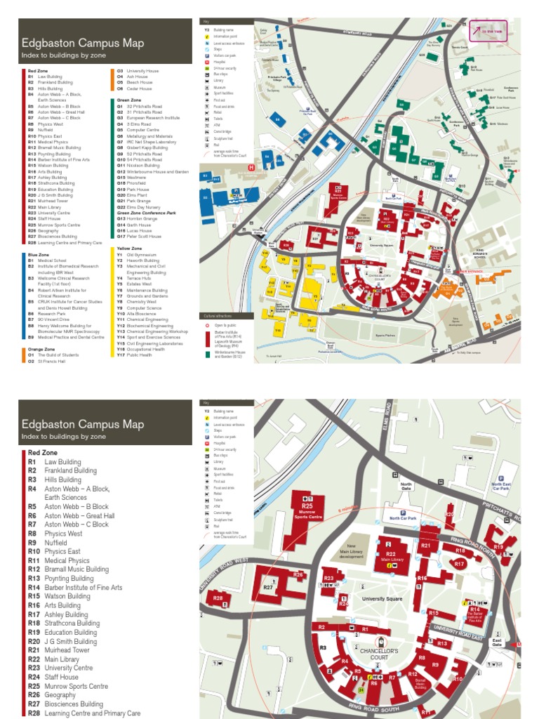 Edgbaston Campus Map: Index To Buildings by Zone | PDF | Transport | Nature
