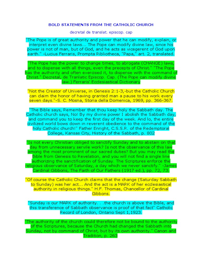 Catholic Church's Authority on Sunday | PDF | Sabbath In Christianity ...