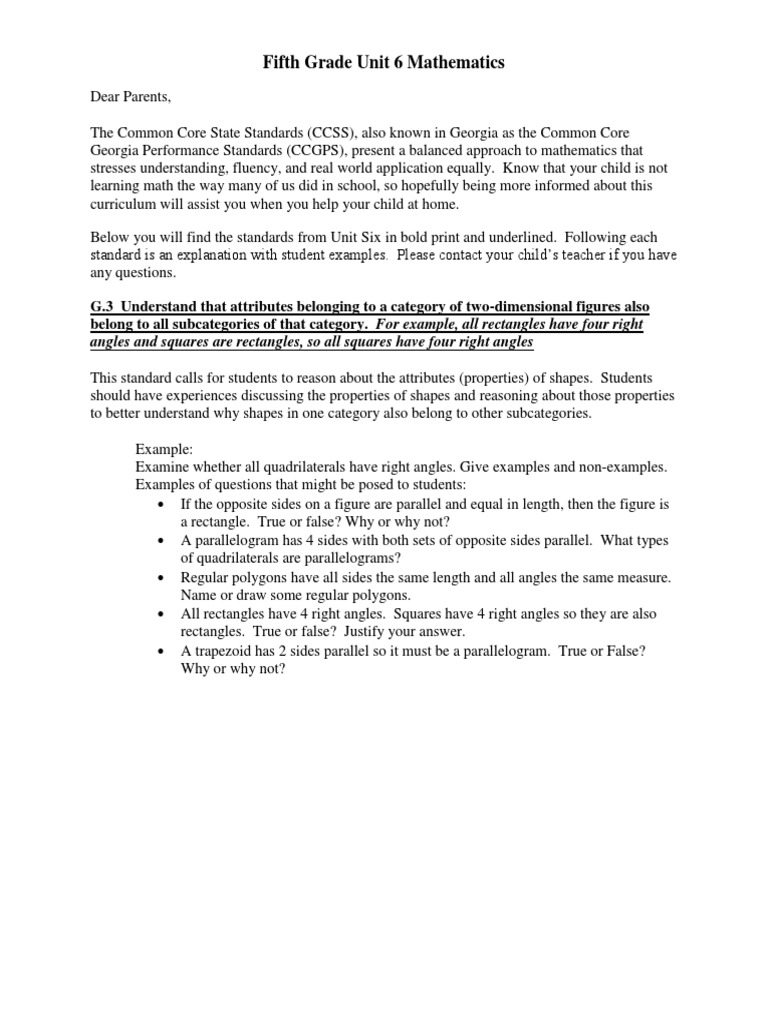 5th Grade Unit 6 Parent Letter 13-14 | PDF | Rectangle | Polytopes
