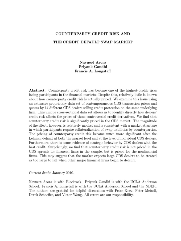 Counterparty Credit Risk and The Credit Default Swap Market | PDF ...