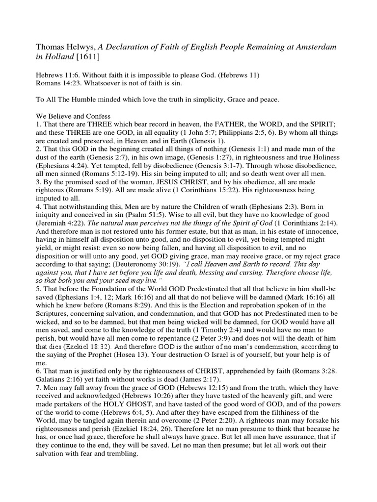 Thomas Helwys 1611 Confession of Faith | PDF | Elder (Christianity ...