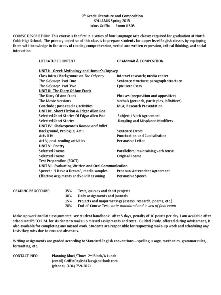 9th Grade Literature & Composition PDF | PDF | Homework | Poetry
