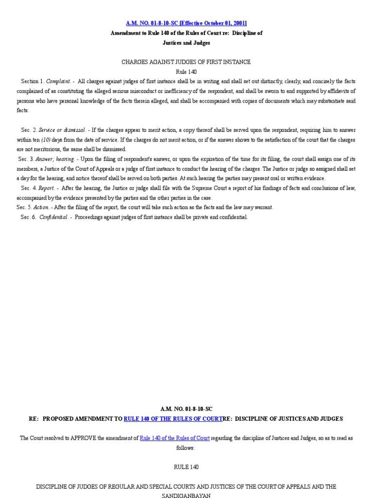 Amendment To Rule 140 of The Rules of Court Re: Discipline of Justices ...