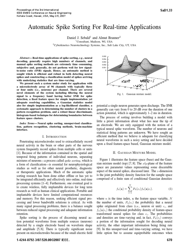 Automatic Spike Sorting For Real-Time Applications: Daniel J. Sebald and Almut Branner | PDF ...