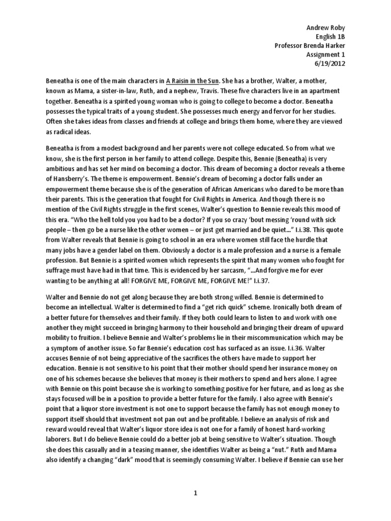 Raisin in The Sun Character Sketch - Beneatha | PDF | Culture (General)