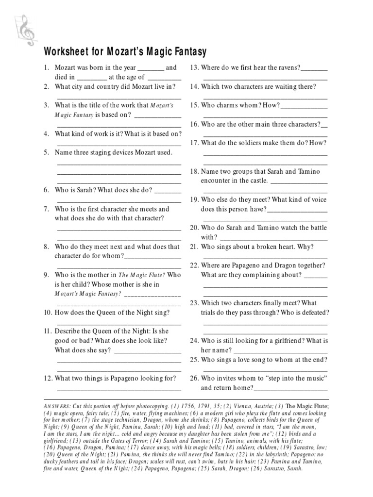 Worksheet For Mozart's Magic Fantasy | PDF | Wolfgang Amadeus Mozart ...