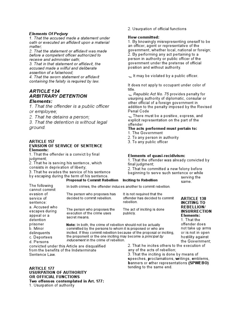 Article 124 Arbitrary Detention Elements | PDF | Sentence (Law) | Crime ...