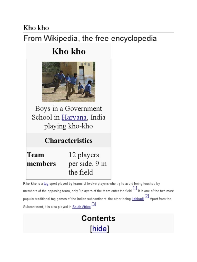 Kho Kho: From Wikipedia, The Free Encyclopedia | PDF | Leisure | Teams