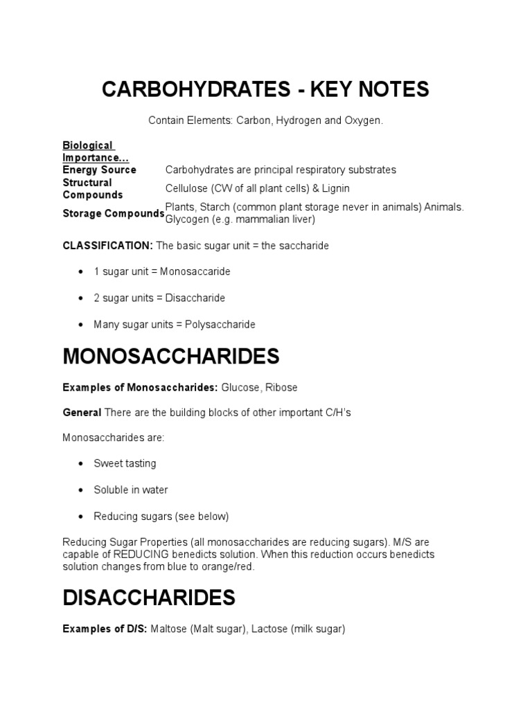 Carbohydrates - Key Notes | PDF | Science & Mathematics | Wellness
