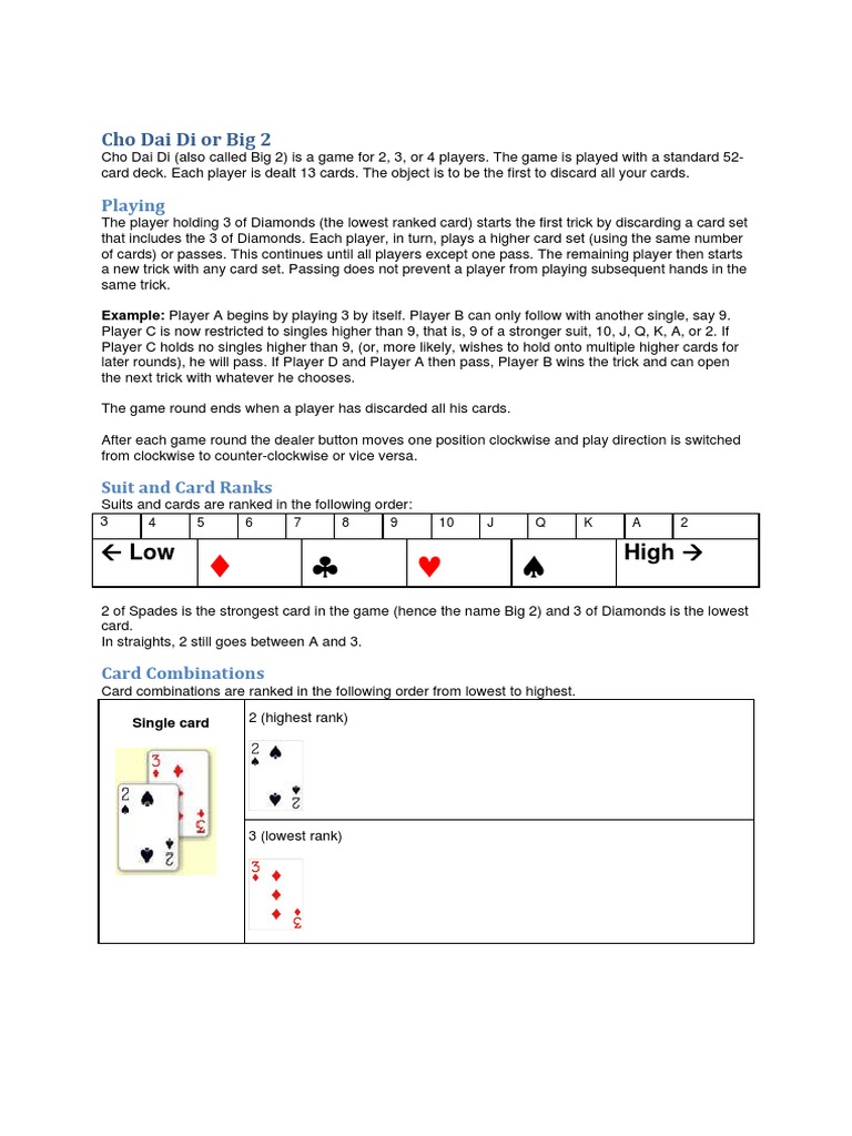 Cho Dai Di / Big 2: Rulebook | PDF | Playing Cards | Leisure Activities