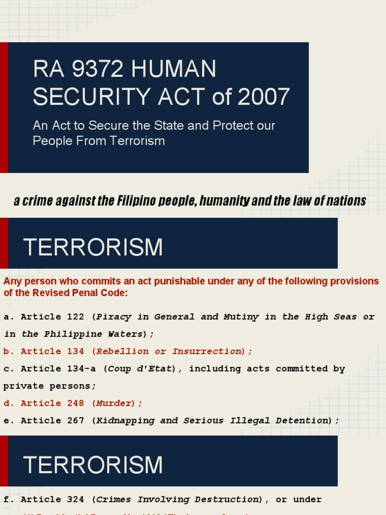 Ra 9372 Human Security Act of 2007 1 | PDF | Detention (Imprisonment) | Crime & Violence