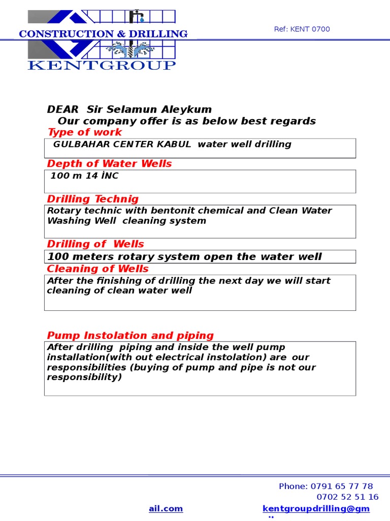 Water Well Drilling Services Proposal | PDF | Technology & Engineering